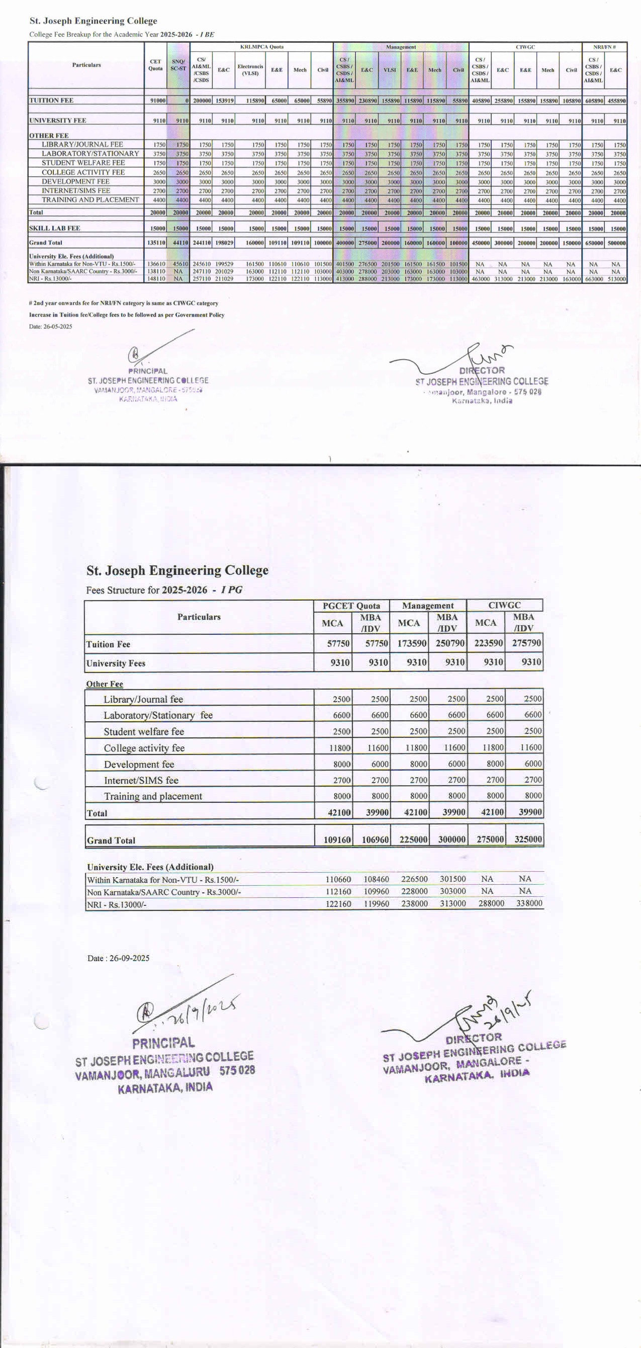 College and Hostel Fee Structure | St Joseph Engineering College